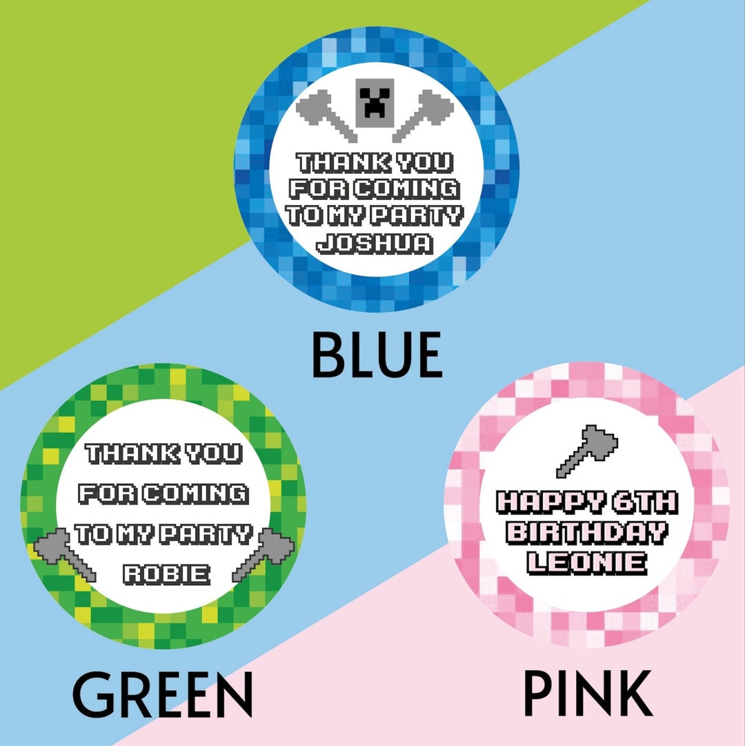 Minecraft Birthday Stickers Pink Blue or Green Personalised With Name ...