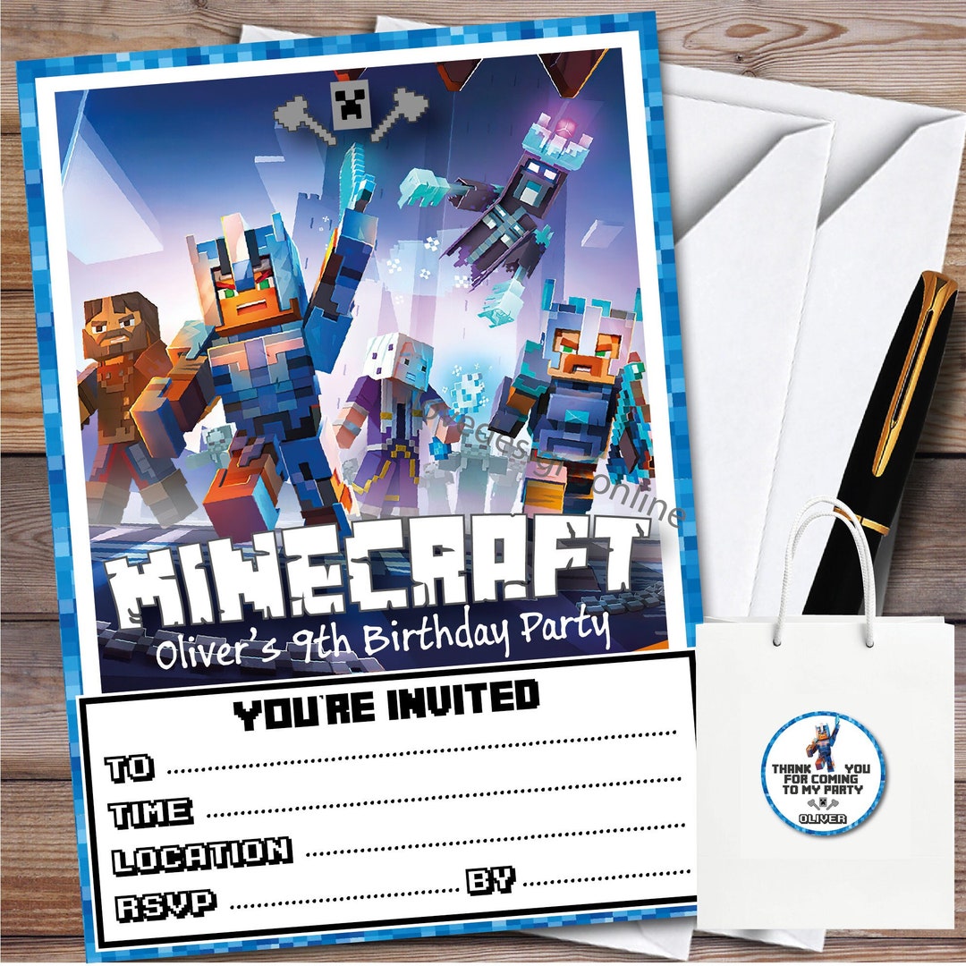 Minecraft BIRTHDAY Set Blue Invitations & Stickers Banner Backdrop ...