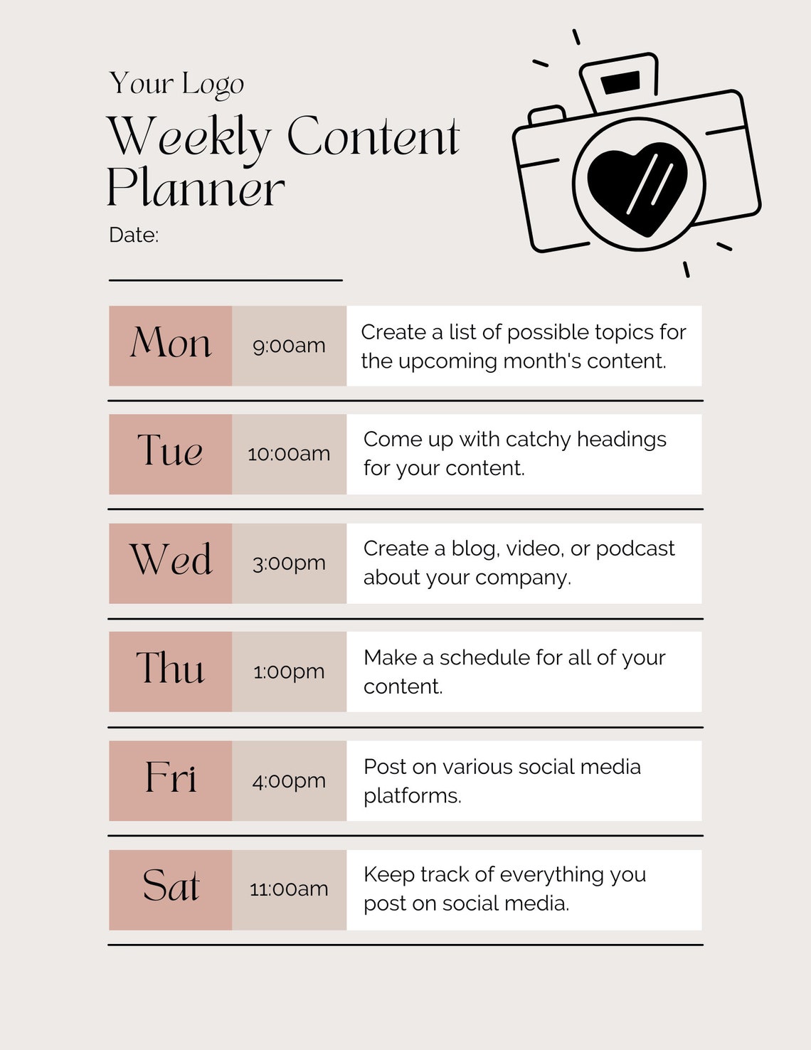 Weekly Content Calendar - Etsy