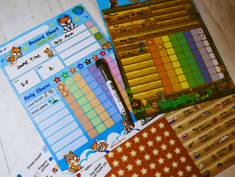 Chore Chart for Kids Magnetic Dry Erase Daily Reward Chart Jungle and Shiba inu Behavior Chart ...