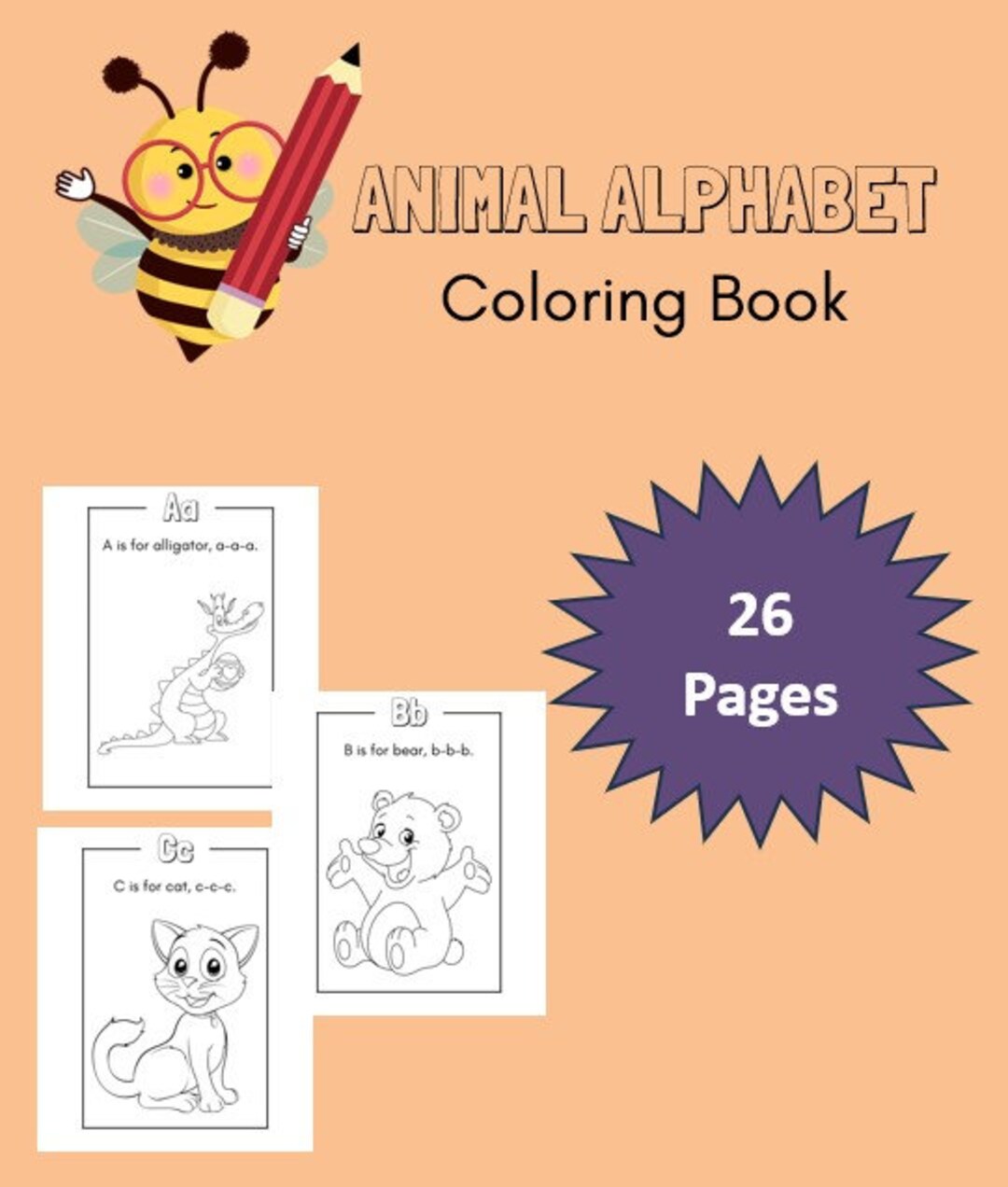 26 Page PDF Printable Animal Alphabet Coloring Book for Preschool ...