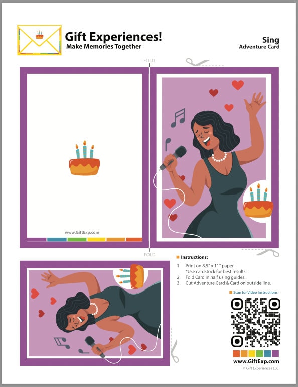 Singing Birthday Greeting Card Printable Experience Gift Card Envelope ...