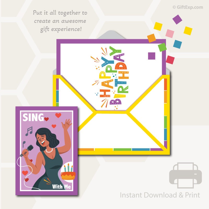 Singing Birthday Greeting Card Printable Experience Gift Card Envelope ...