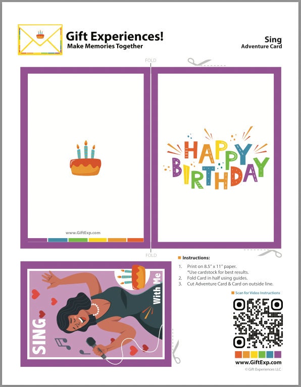 Singing Birthday Greeting Card Printable Experience Gift Card Envelope ...