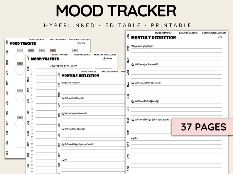 Mood Tracker Printable, Mood Tracker Bundle, Hyperlinked,editable ...