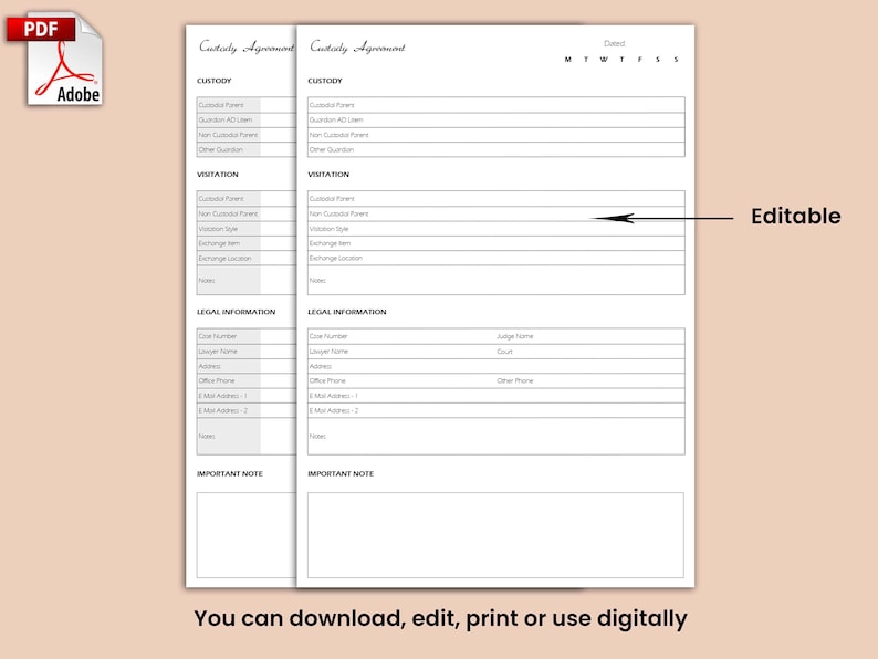 Child Custody Agreement Template PDF, Parenting Plan and Custody ...