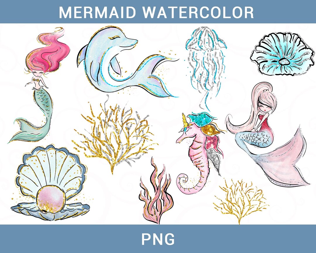Watercolor Mermaid Clipart, Cute Mermaid Clipart Bundle, Watercolor ...