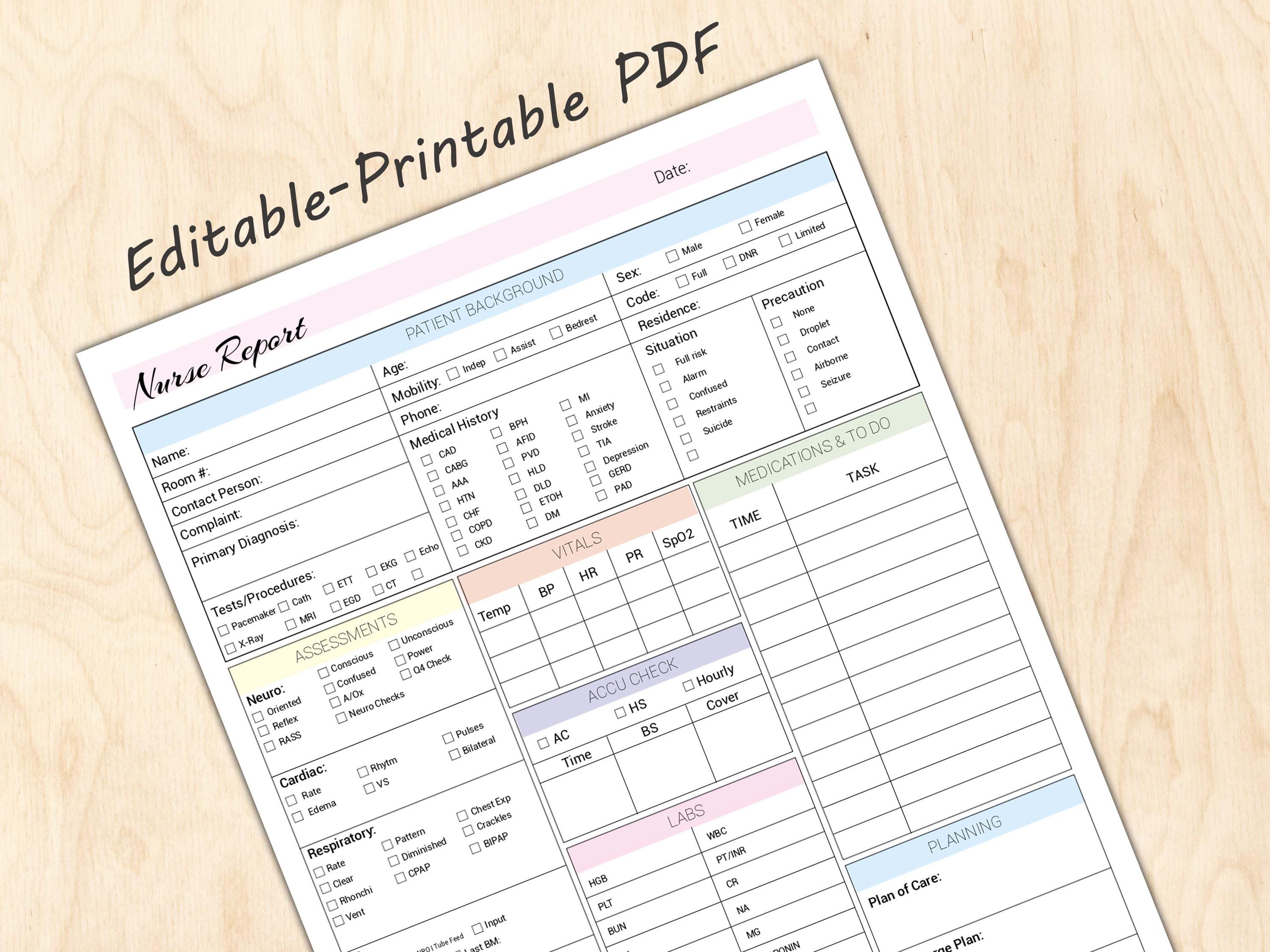Editable Nurse Report Sheet, Printable, Digital, Nurse Brain Sheet ...