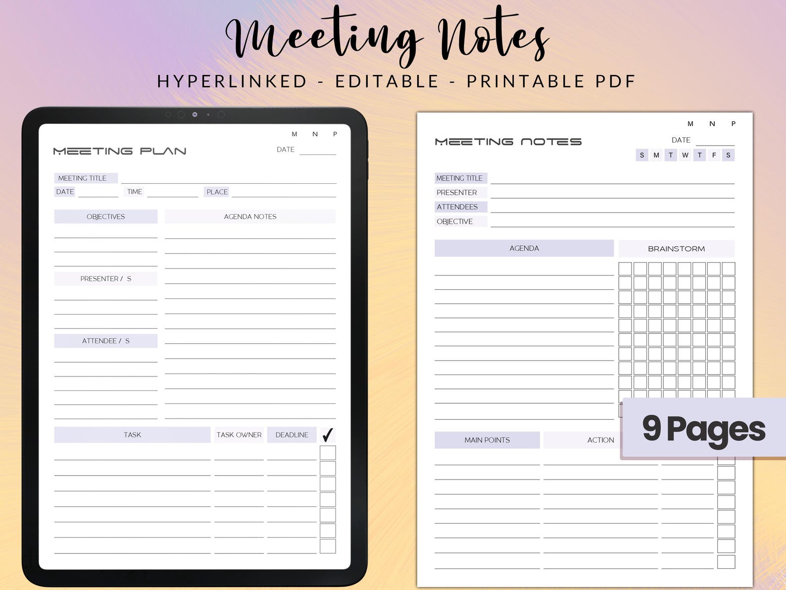 Meeting Notes Template Printable, Business Notes Template, Meeting ...