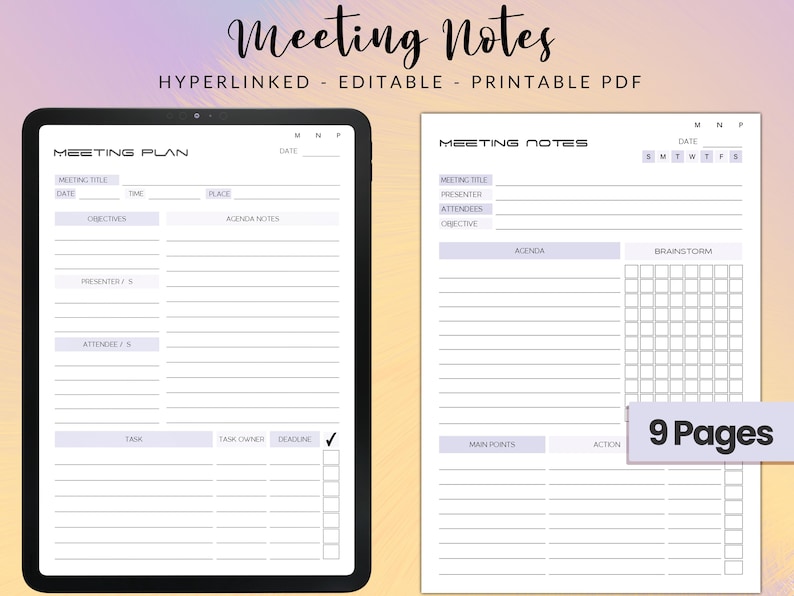 Meeting Notes Template Printable, Business Notes Template, Meeting ...