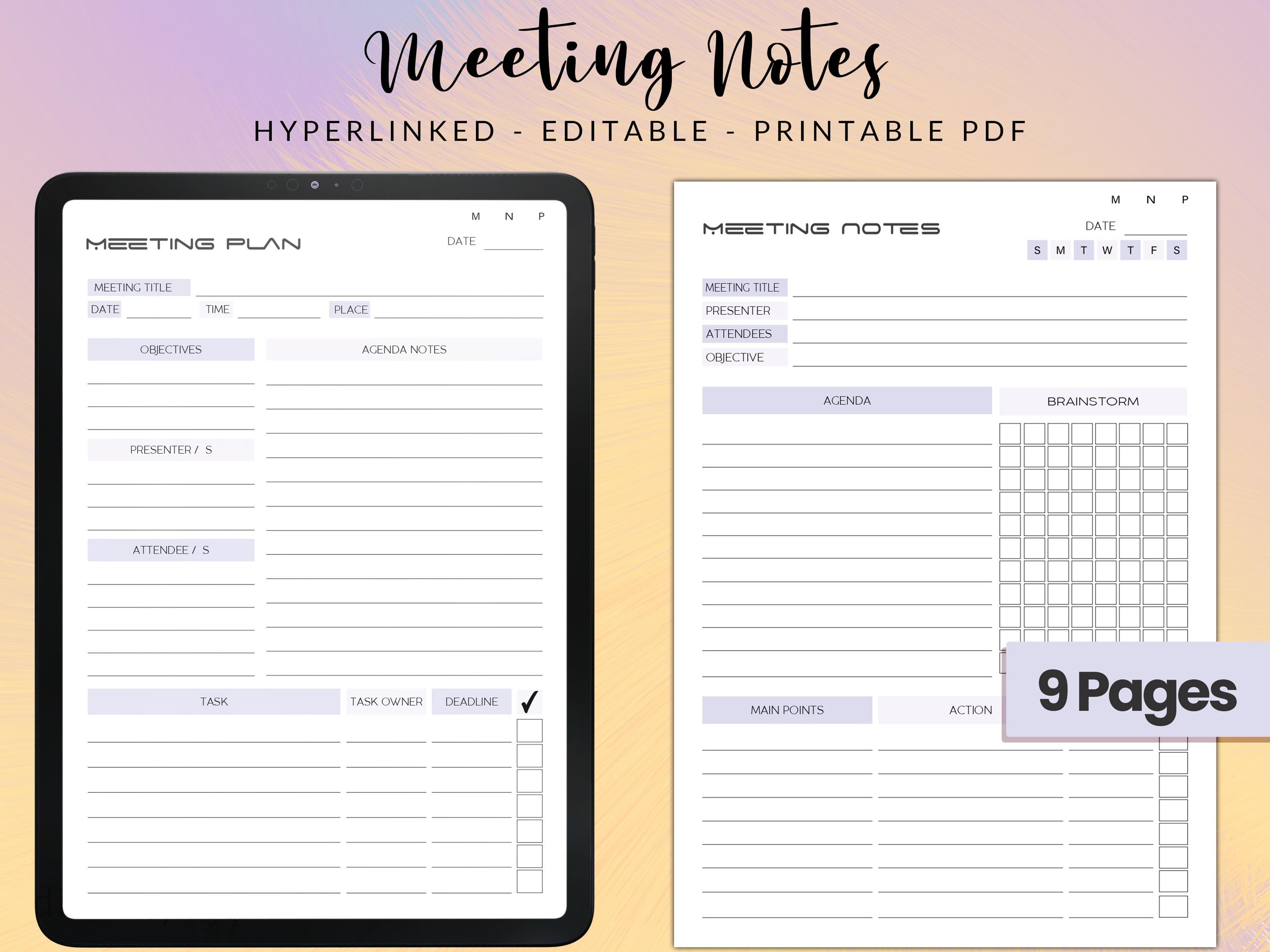 Meeting Notes Template Printable, Business Notes Template, Meeting ...