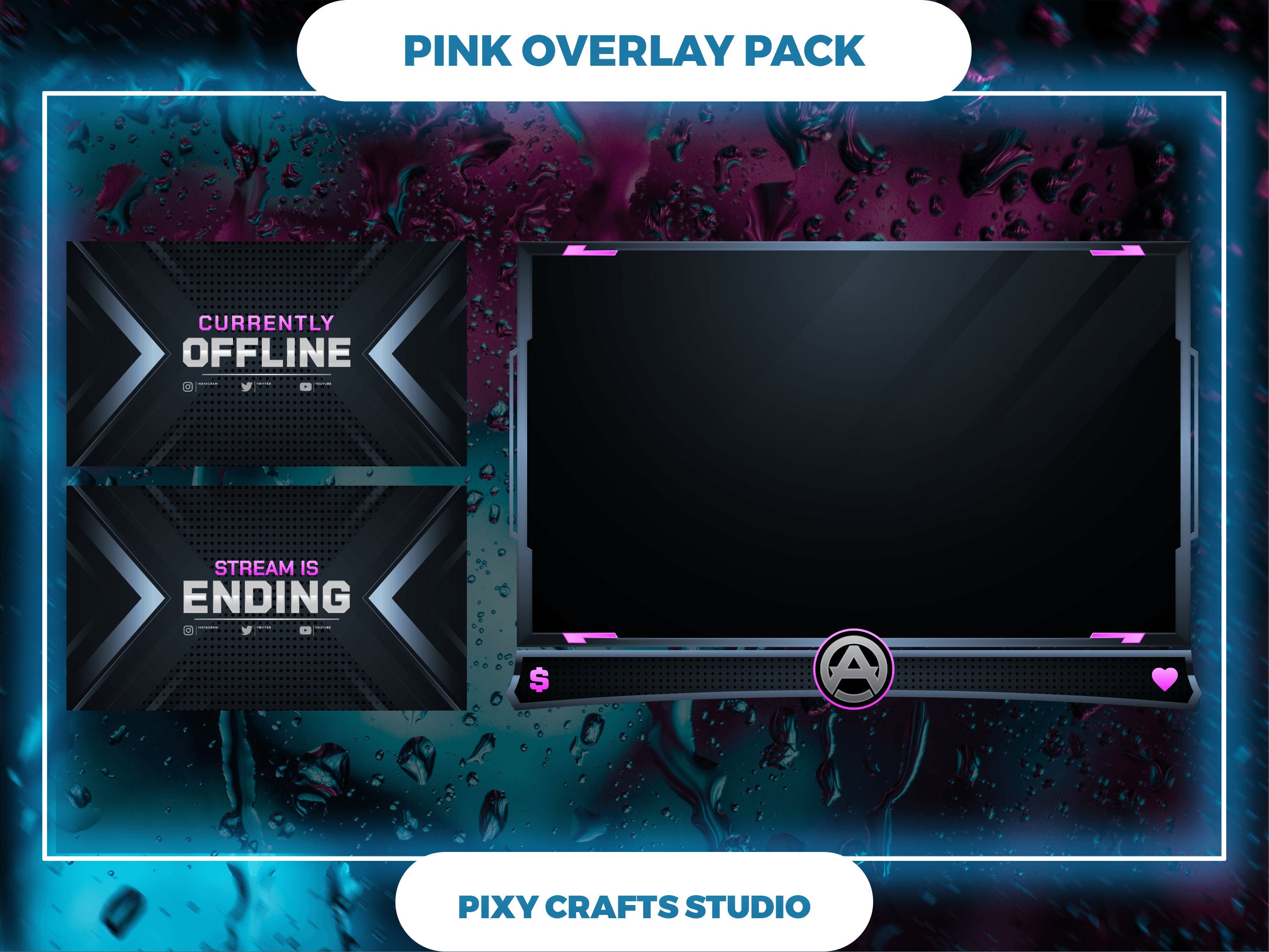 Static Stream Overlay Package for Twitch Featuring Pink and Black ...