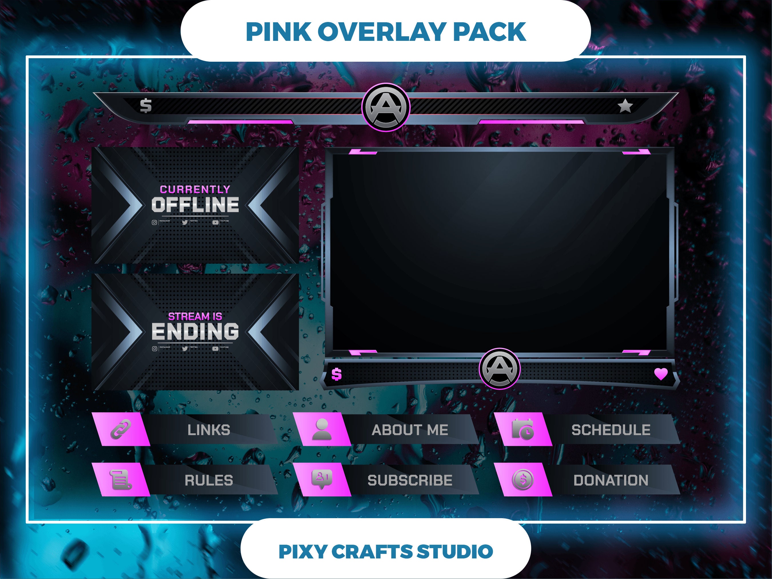 Static Stream Overlay Package for Twitch Featuring Pink and Black ...
