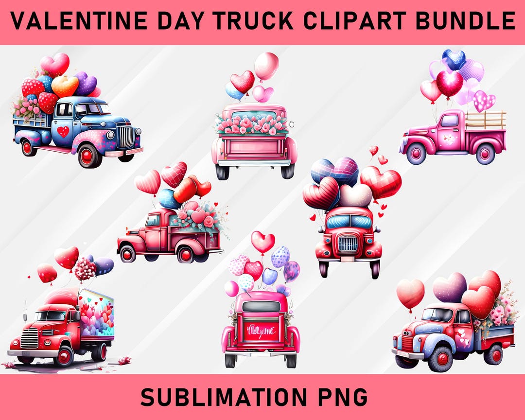 Valentines Day Truck Clipart Bundle, Red Truck Valentine Vector ...