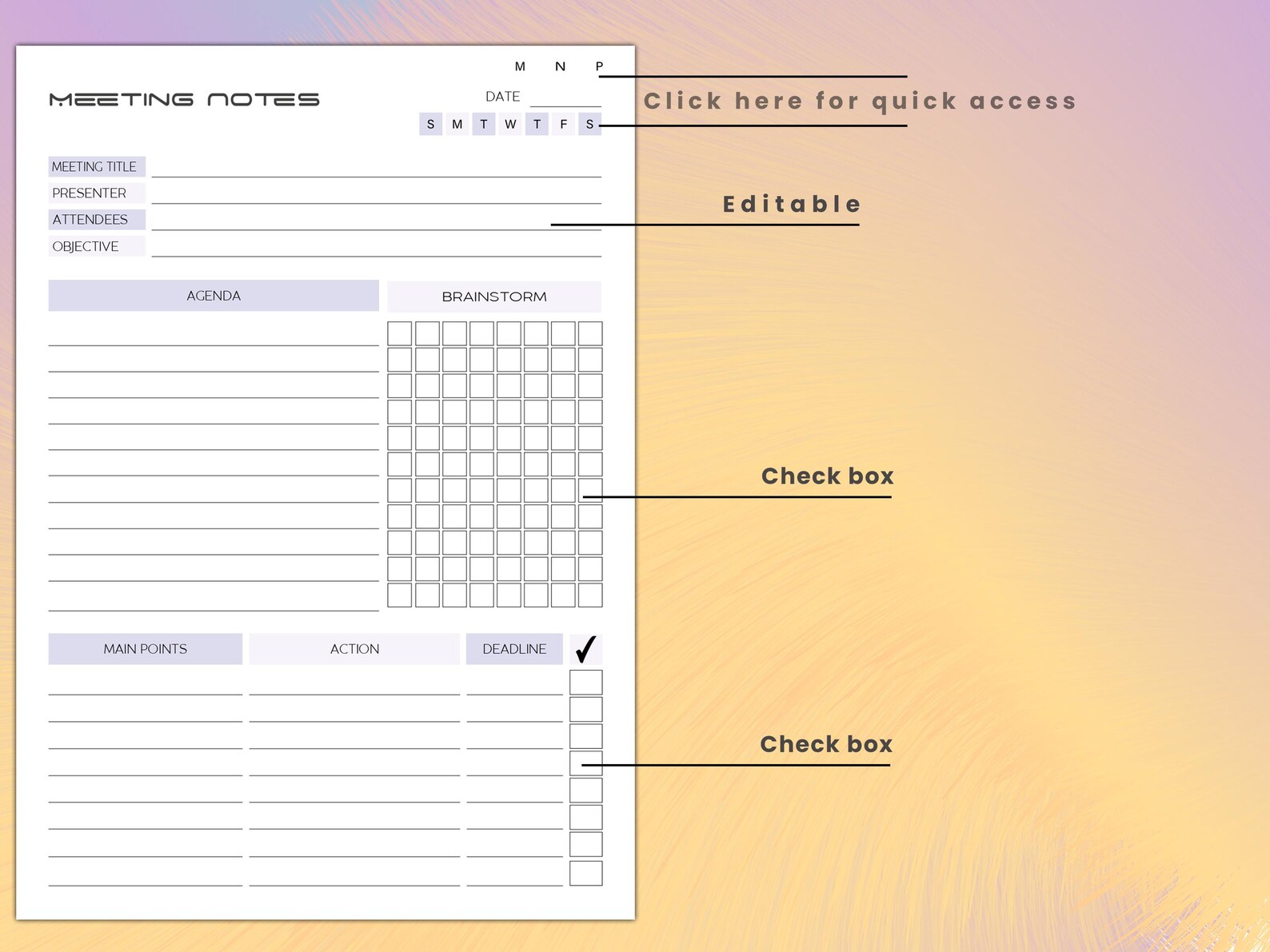Meeting Notes Template Printable, Business Notes Template, Meeting ...