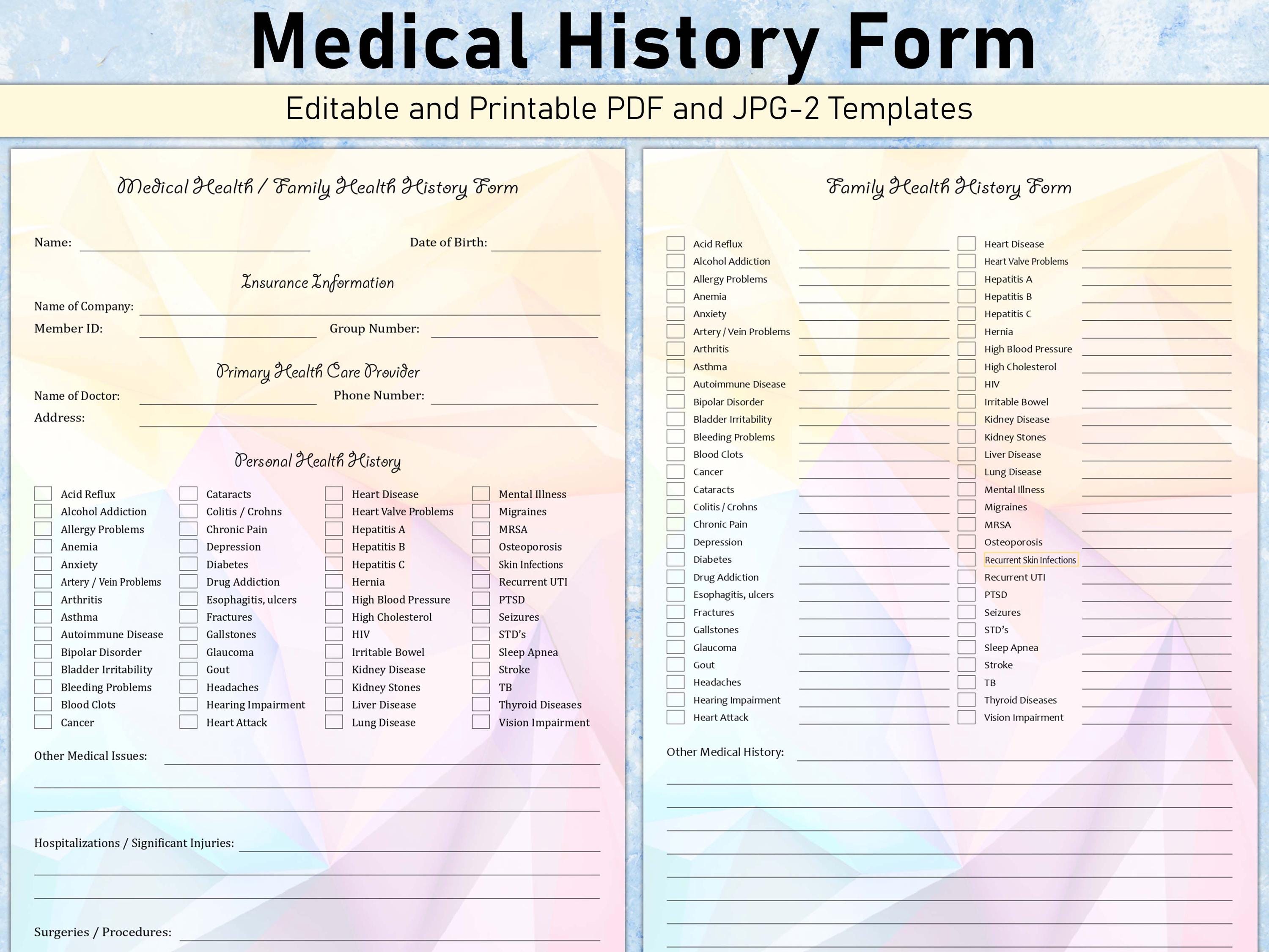 Medical History Forms Digital Fillable,medical History Printable ...