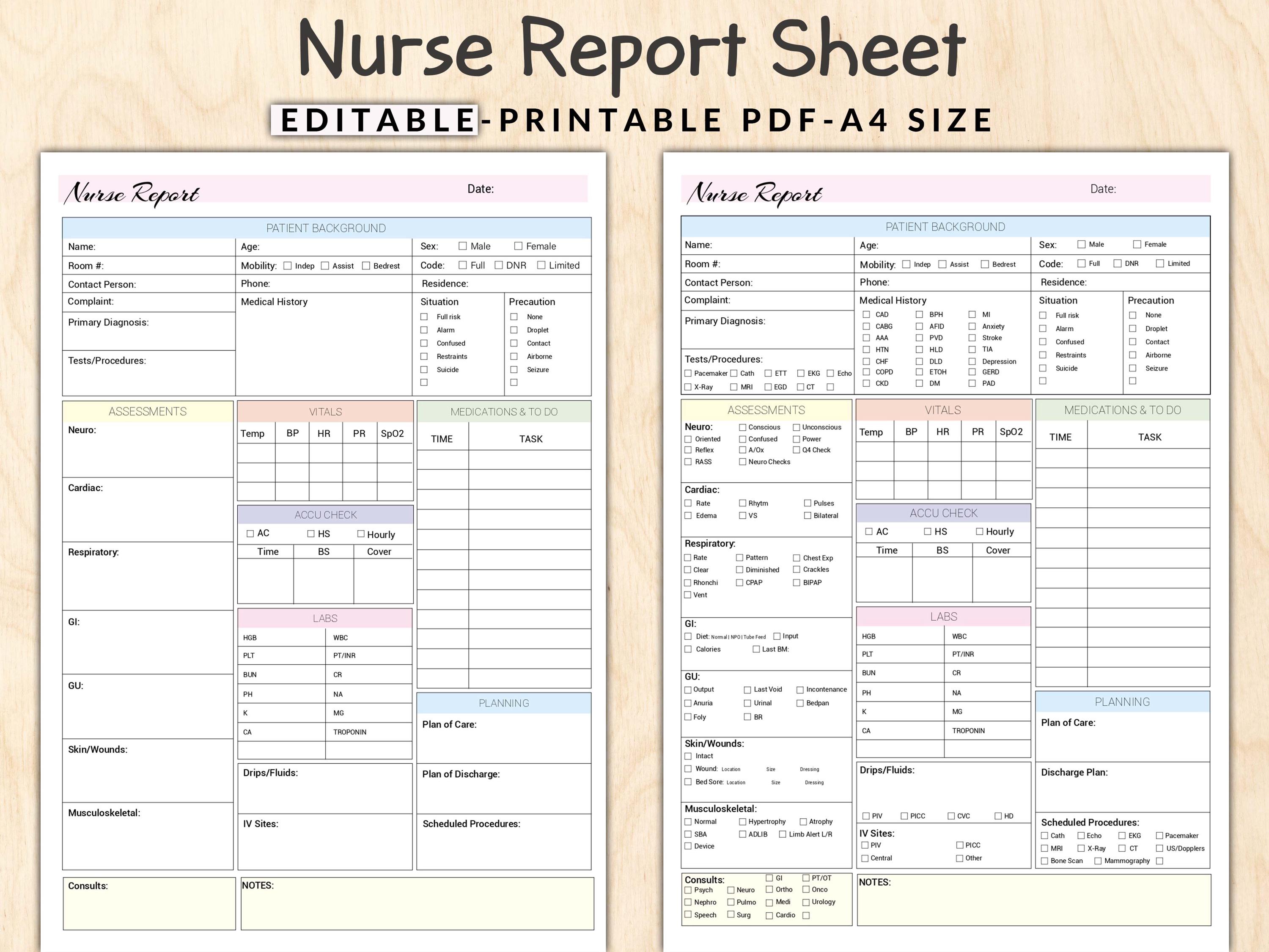 Editable Nurse Report Sheet, Printable, Digital, Nurse Brain Sheet ...