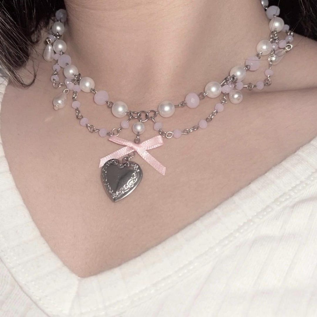Coquette Pearl Locket Pink and Black Beaded Necklace With Bow, Layered ...