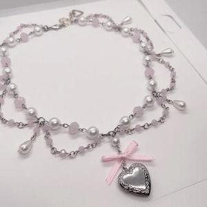 Coquette Pearl Locket Pink and Black Beaded Necklace With Bow, Layered ...