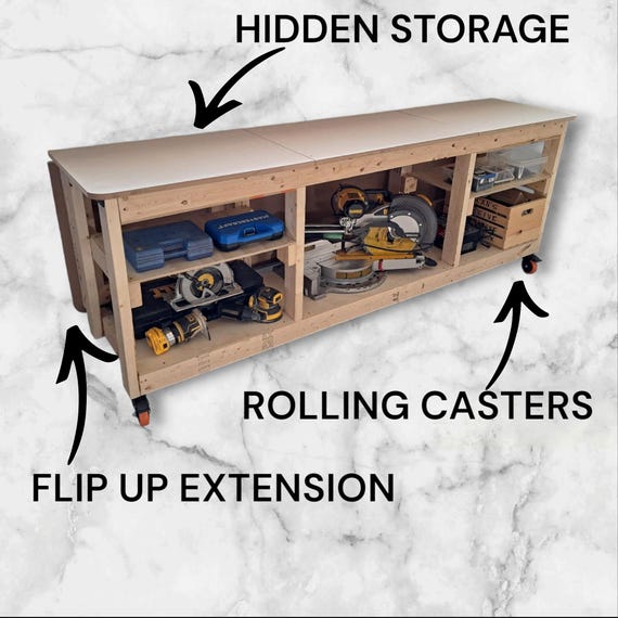 Folding Workbench DIY Plans Hidden Storage Transforming Work Table Rolling Bench Mitre Saw Table Garage Shelving Garage Storage Etsy