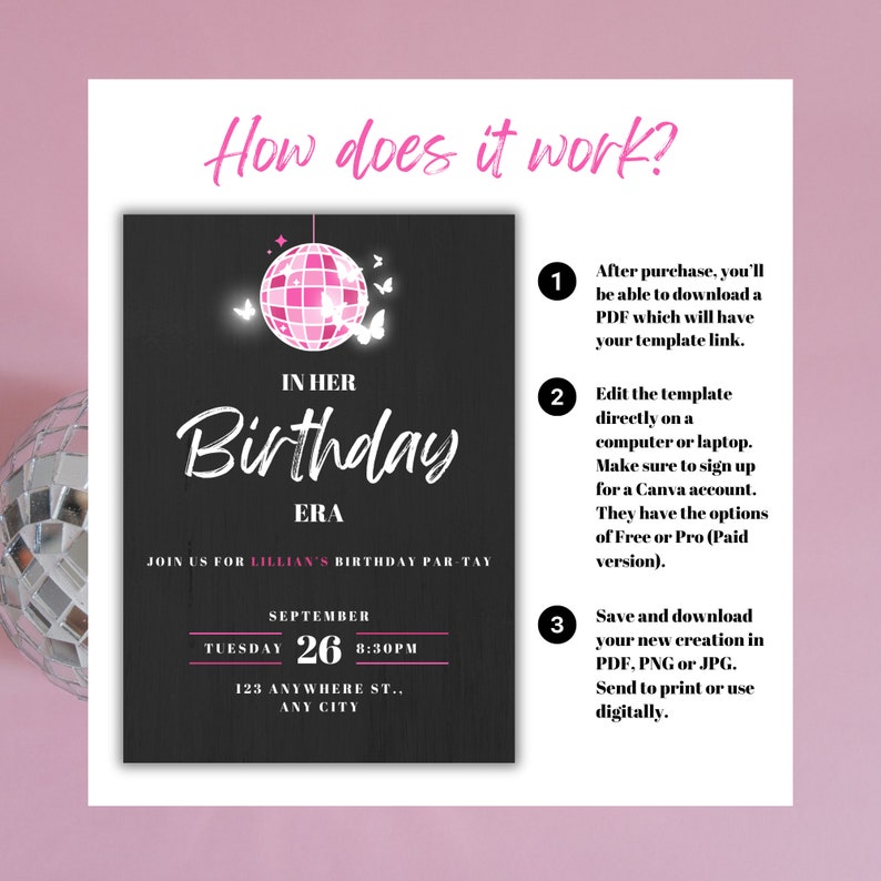 Swiftie Birthday Party Invitation, Pink Disco Ball (edit in Canva) - Etsy