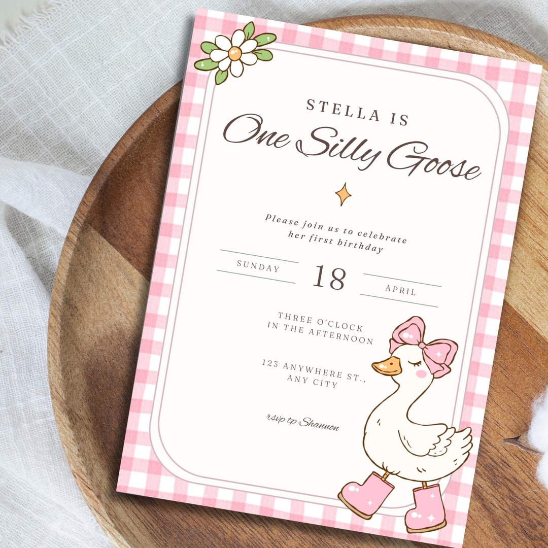 Silly Goose Party Invite Template, Pink Gingham Birthday Invitation ...