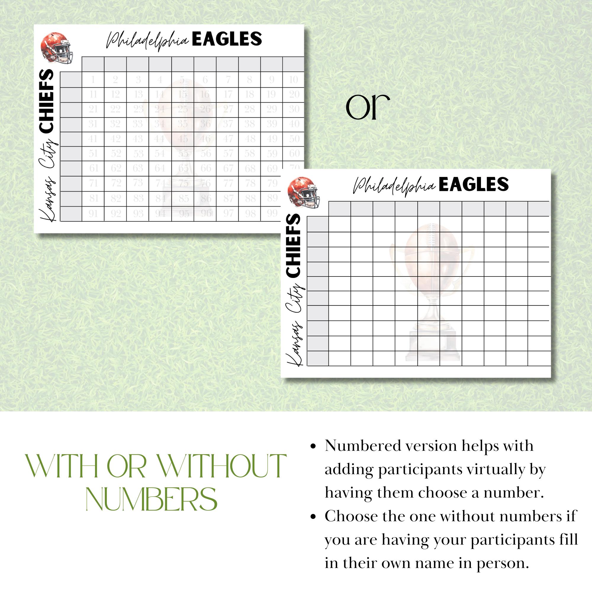 Superbowl Squares, Football Pool, Numbered-printable, Instant Download ...