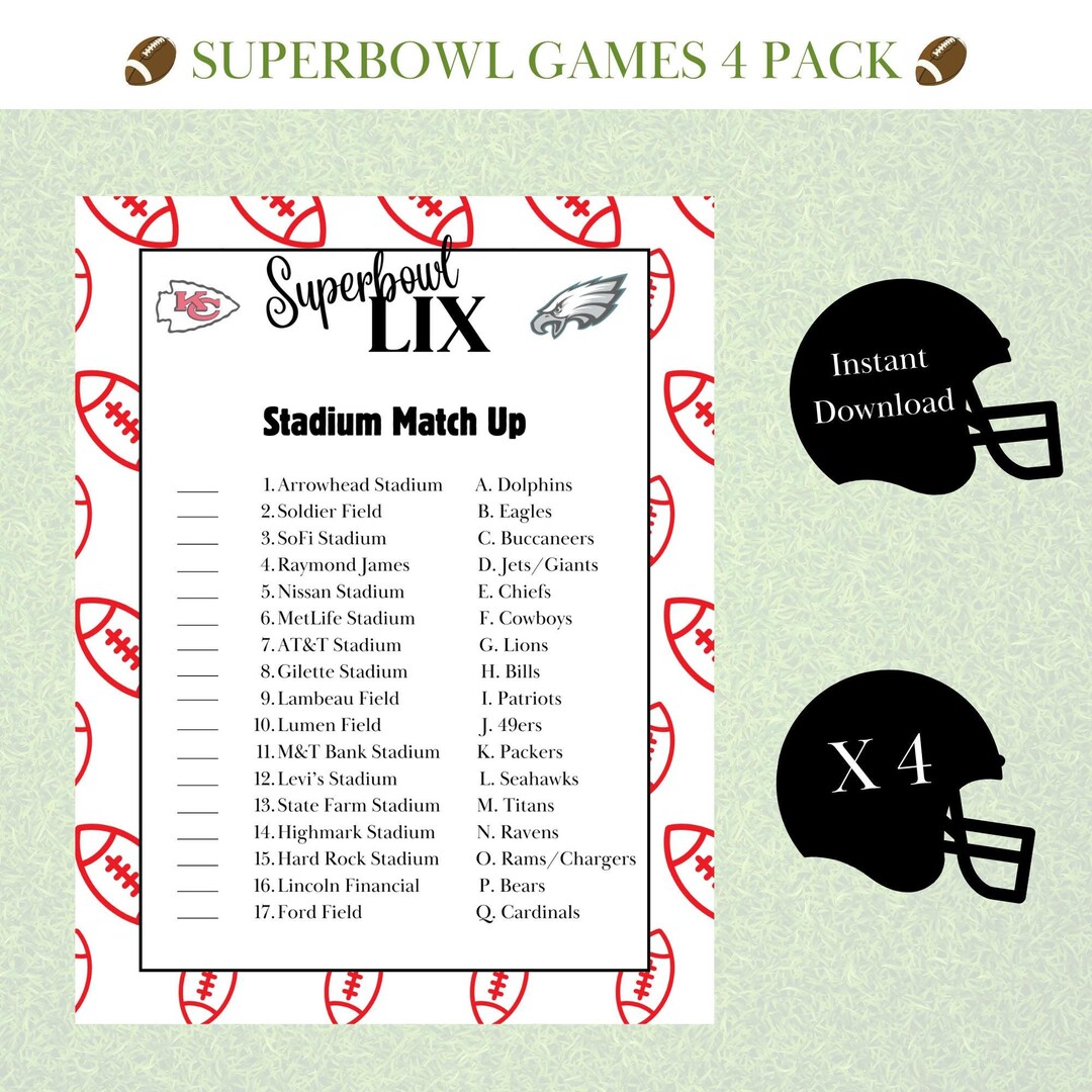 4 Superbowl Party Game Set | Football Trivia | Stadium Matchup ...