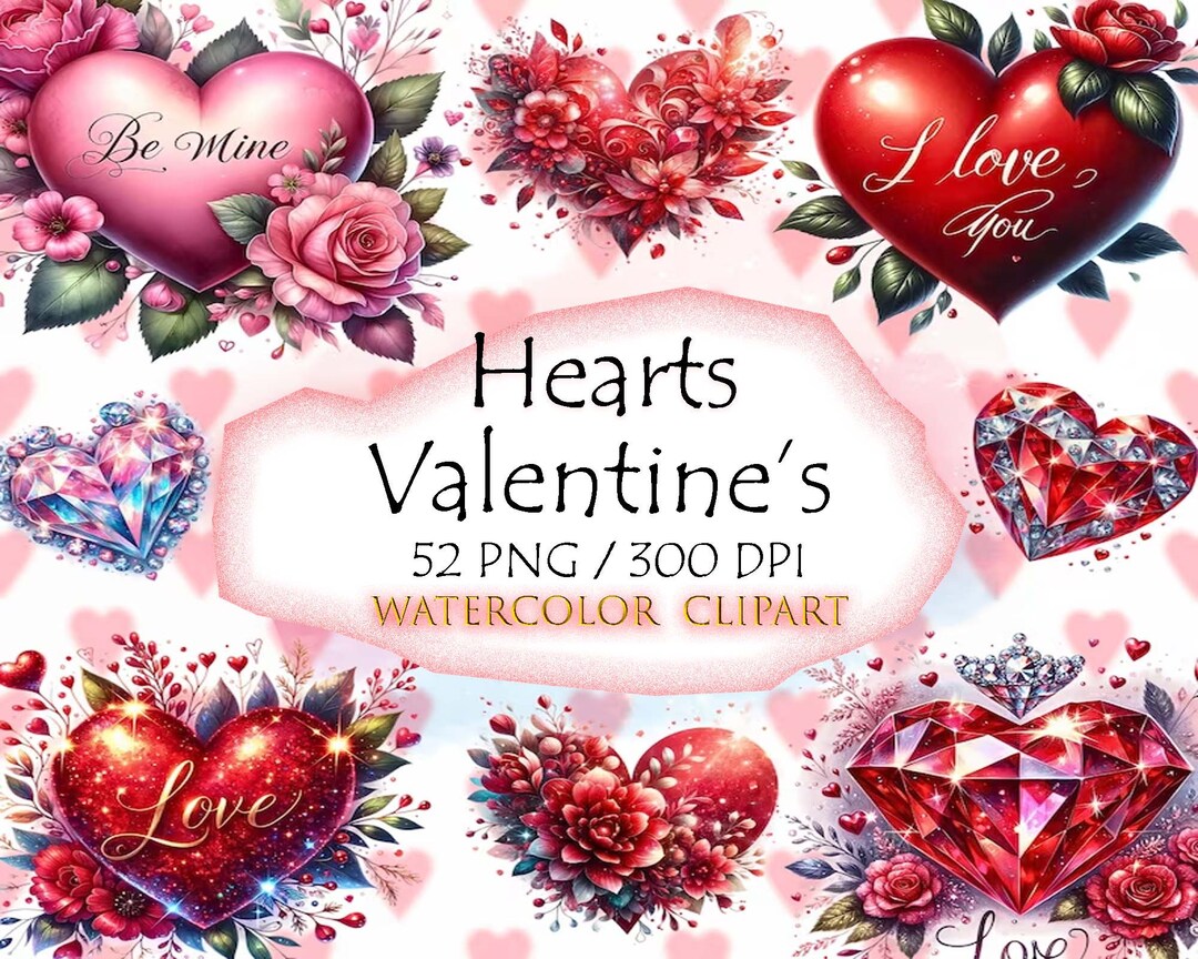 52 Watercolor Valentine Heart Clipart Bundle, Candy Hearts Bundle ...