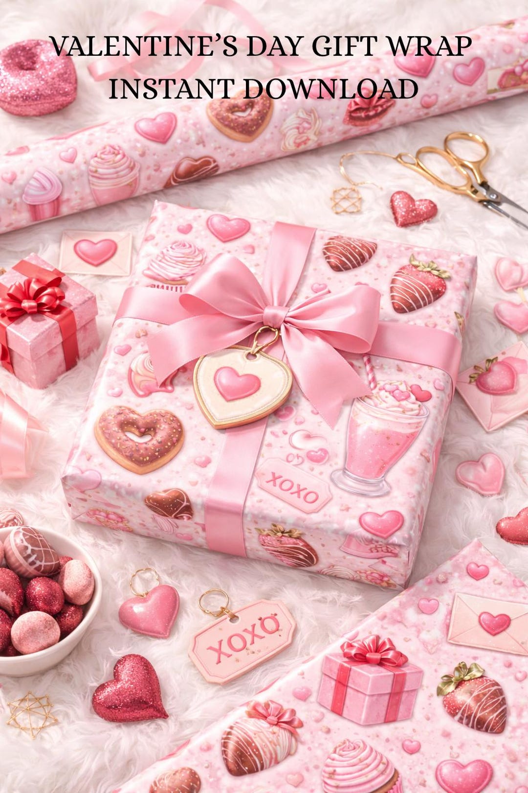Pink Valentine's Day Wrapping Paper | Hearts, Treats (digital Download ...