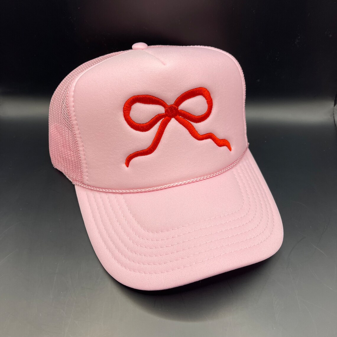 Red Bow Embroidered Soft Pink Trucker Hat - Etsy