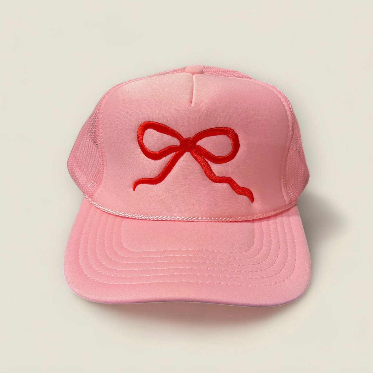 Red Bow Embroidered Soft Pink Trucker Hat - Etsy