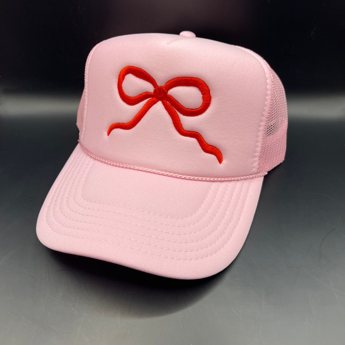 Red Bow Embroidered Soft Pink Trucker Hat - Etsy