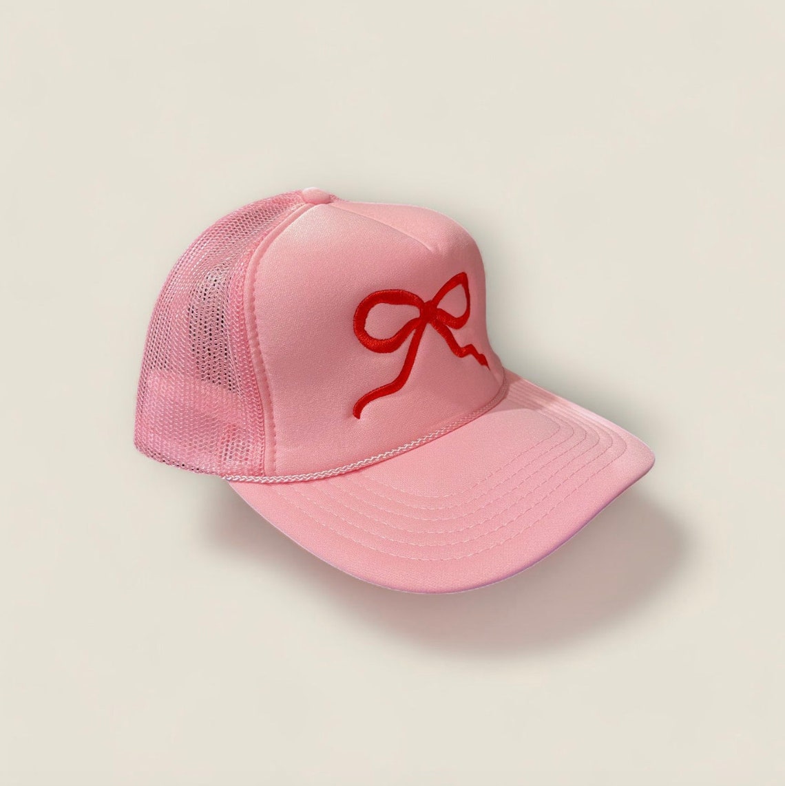 Red Bow Embroidered Soft Pink Trucker Hat - Etsy