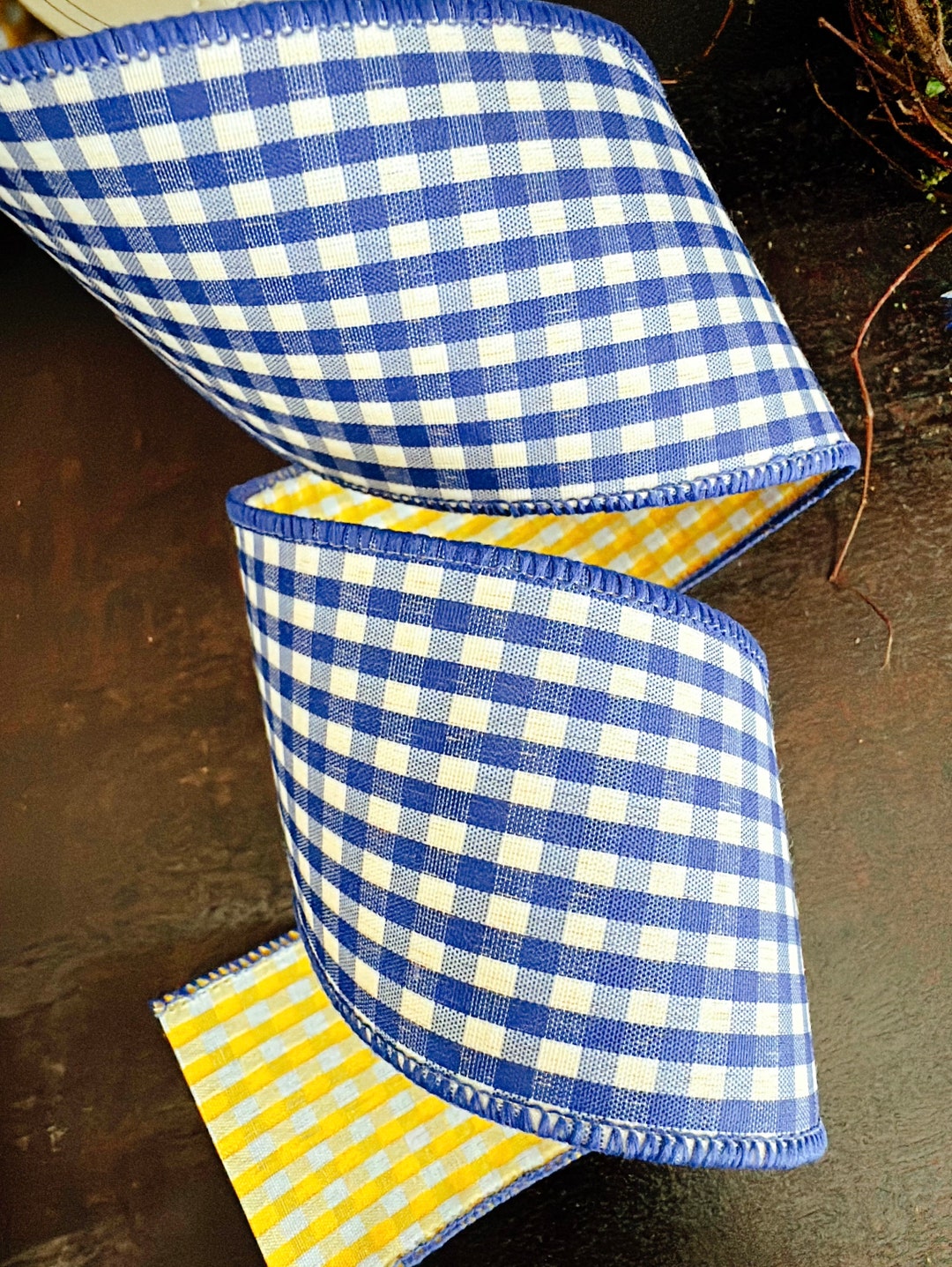 D Stevens, 10 Yards, 2.5 Inch Wire Ribbon, Gingham Ribbon, Navy Blue ...