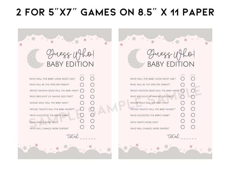 5 X 7 Baby Shower Game Guess Who Baby Edition, Light Pink and Gray Star ...