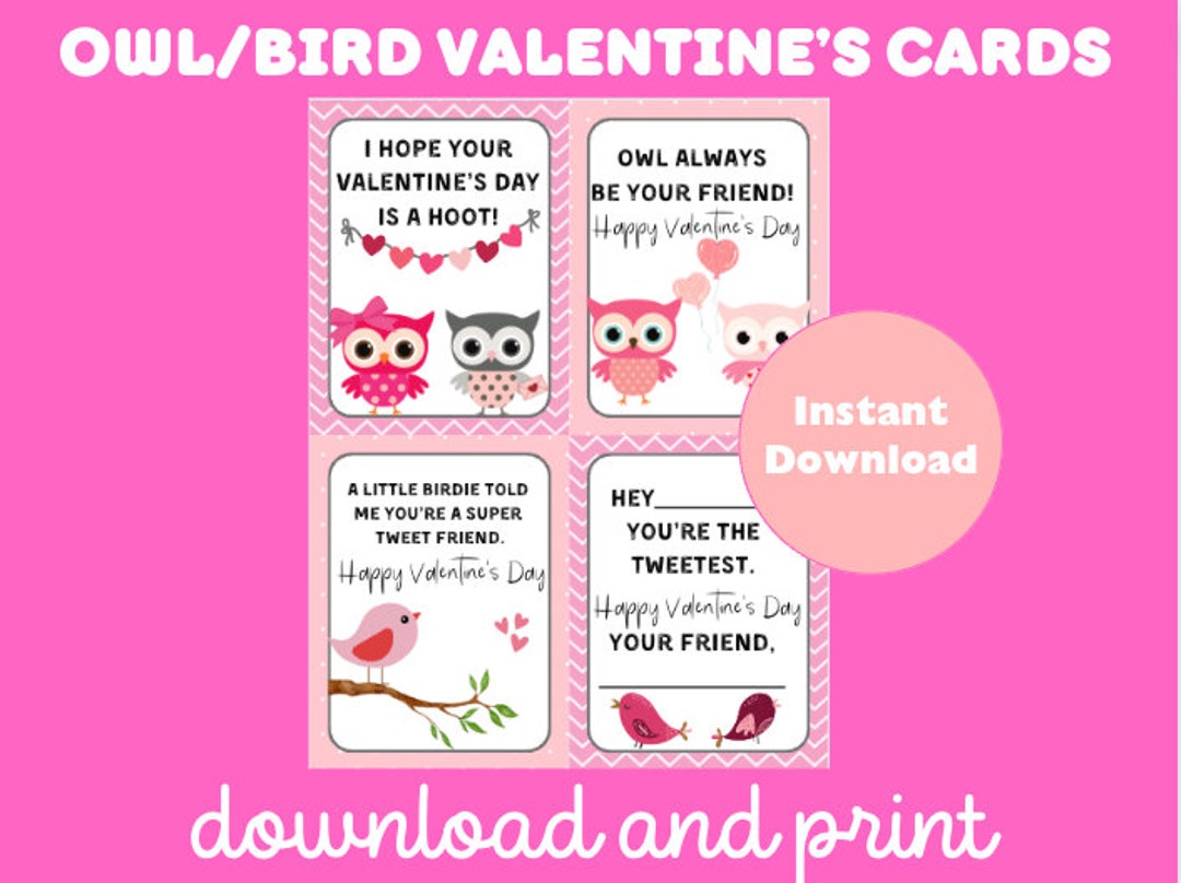 Owl Valentine Cards Printable, Kid Classroom Valentine, Bird Valentine ...