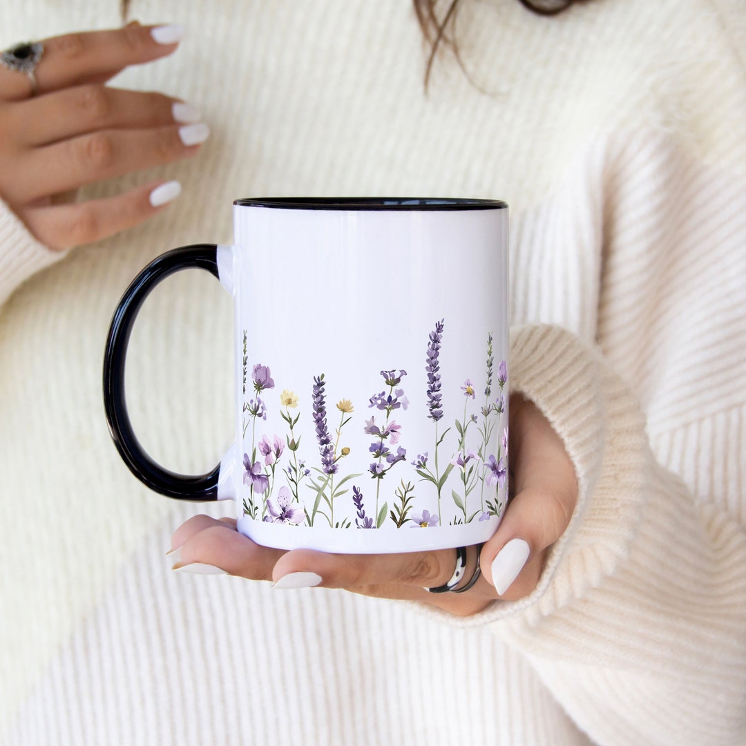 Lavender Floral Mug With Black Handle and Inside - Etsy