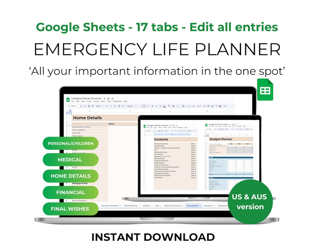 Emergency Life Planner, Emergency Planner, Google Sheets Emergency ...