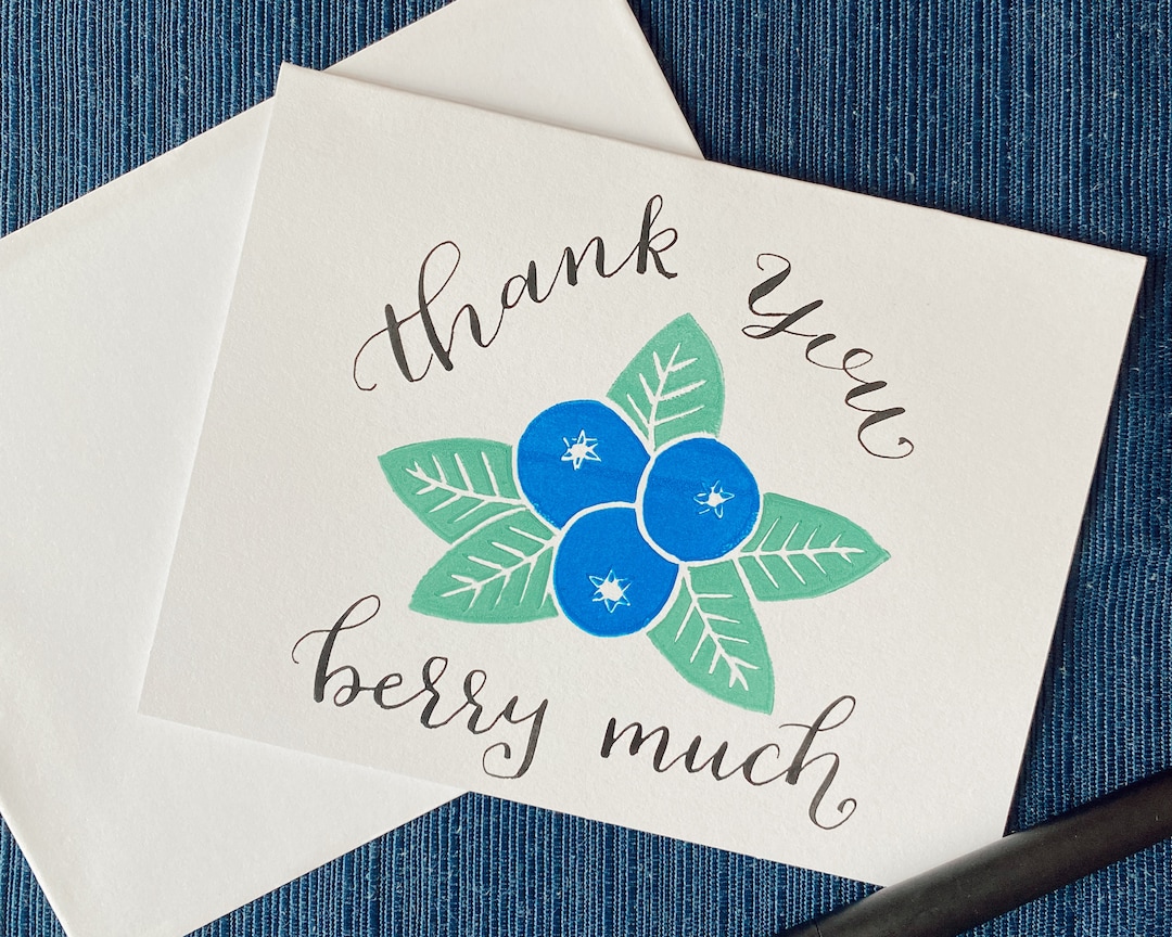 Thank You Berry Much Block Printed Card, Blueberry Greeting Card, Punny ...