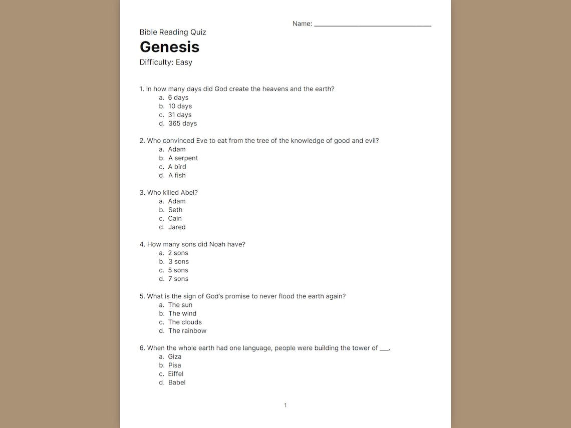 Bible Quiz: Genesis - 75 Trivia Questions (easy, Medium, Hard) - Etsy
