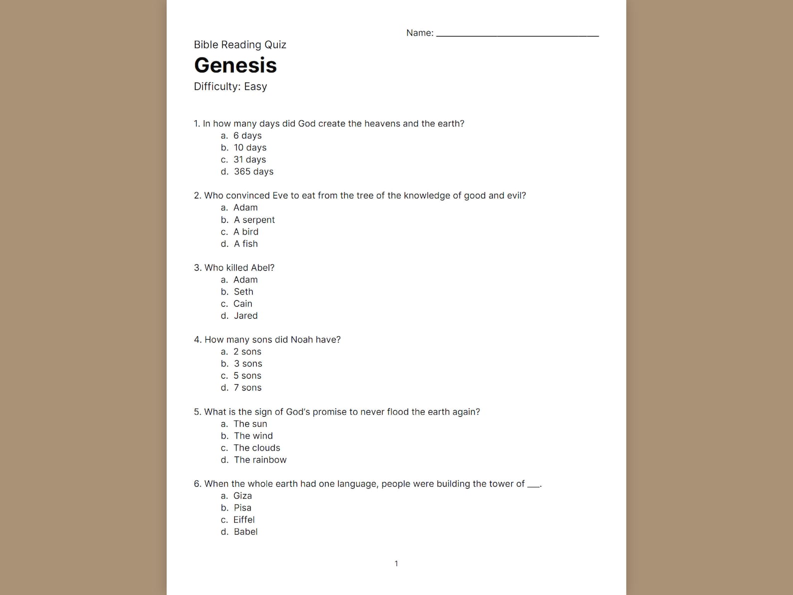 Bible Quiz: Genesis - 75 Trivia Questions (easy, Medium, Hard) - Etsy