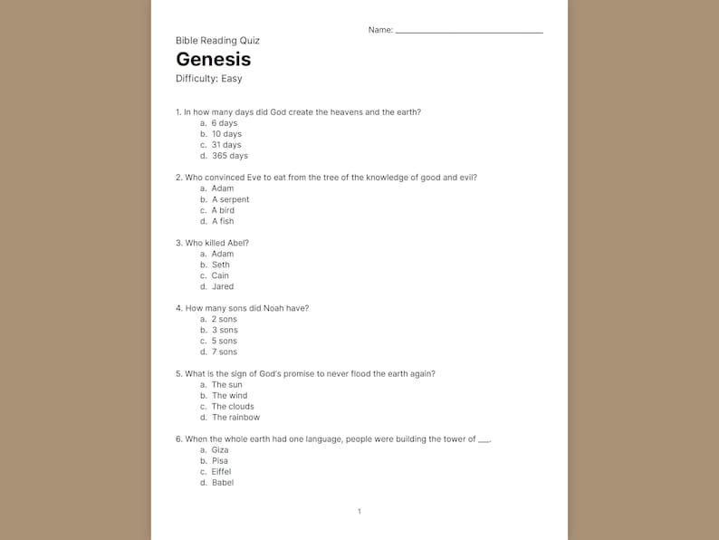 Bible Quiz: Genesis - 75 Trivia Questions (easy, Medium, Hard) - Etsy