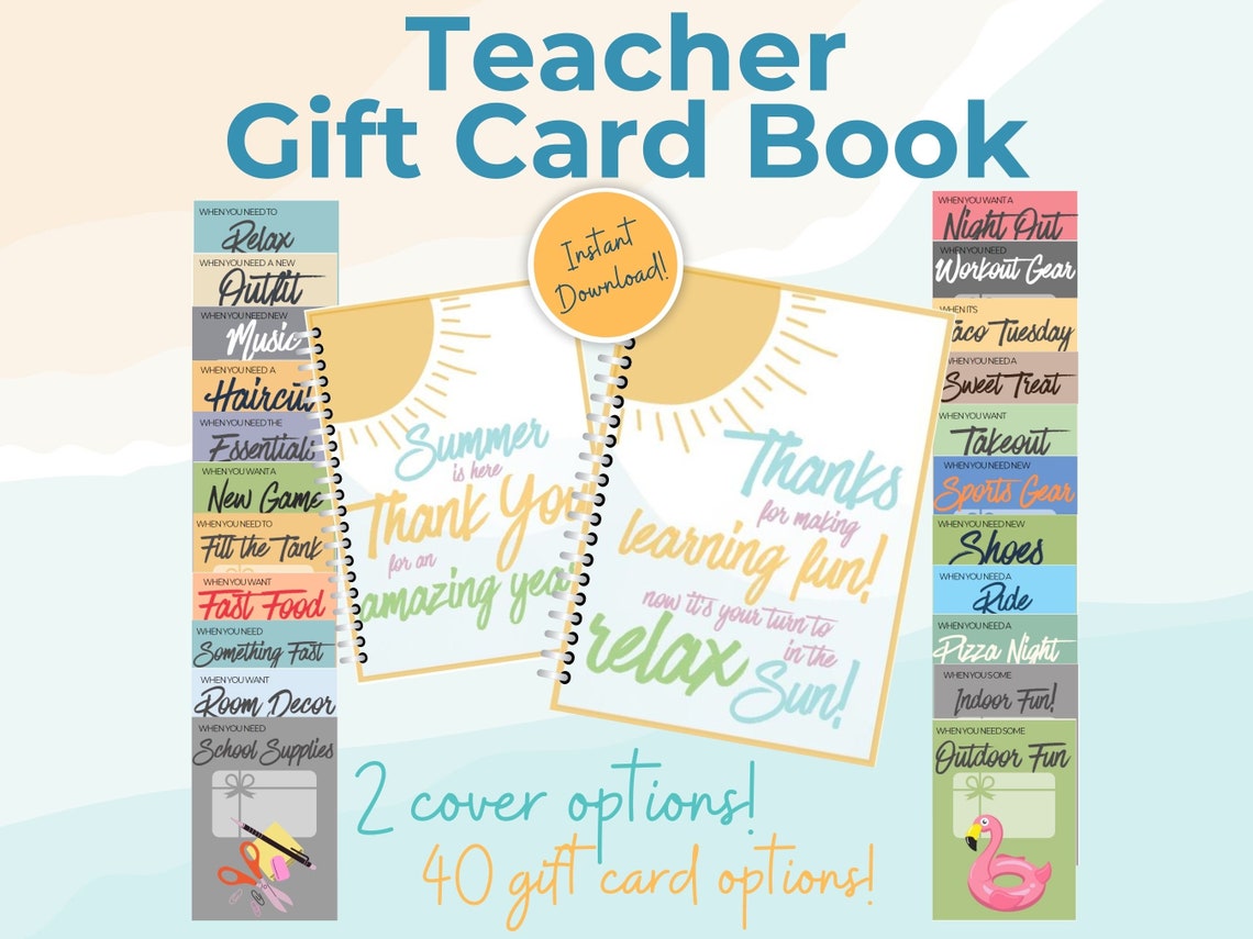 Printable Teacher Gift Card Book, Gift Card Book, Teacher Gift, School ...