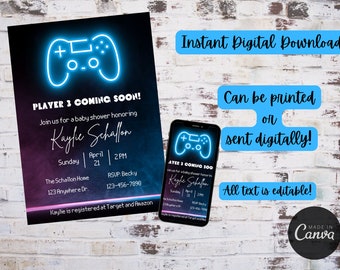 Neon Gamer Gender Reveal Invitation, Gaming Baby Shower, Player Gender ...