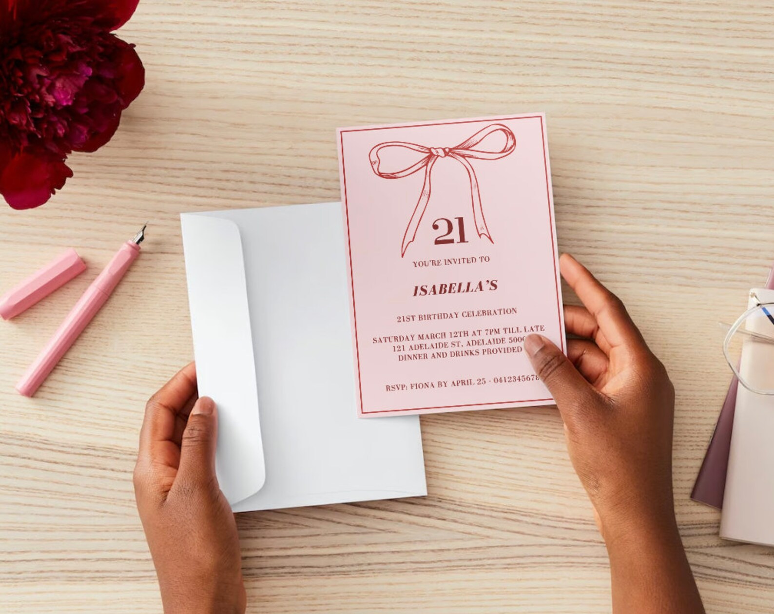 Pink Red Ribbon Bow Digital Birthday Invitation Template - Etsy