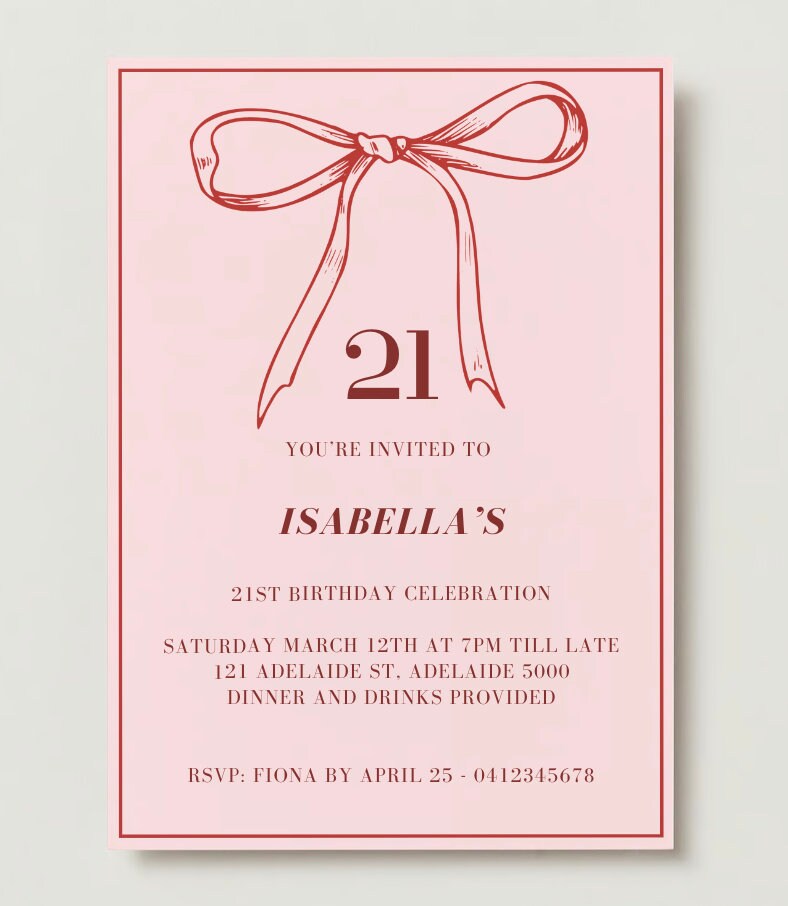 Pink Red Ribbon Bow Digital Birthday Invitation Template - Etsy