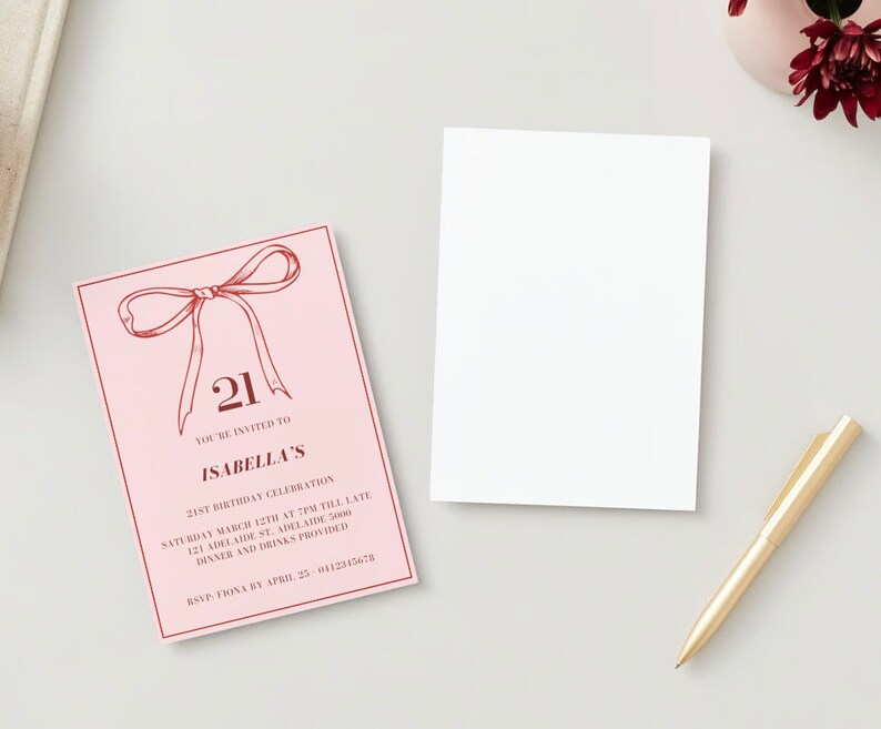 Pink Red Ribbon Bow Digital Birthday Invitation Template - Etsy