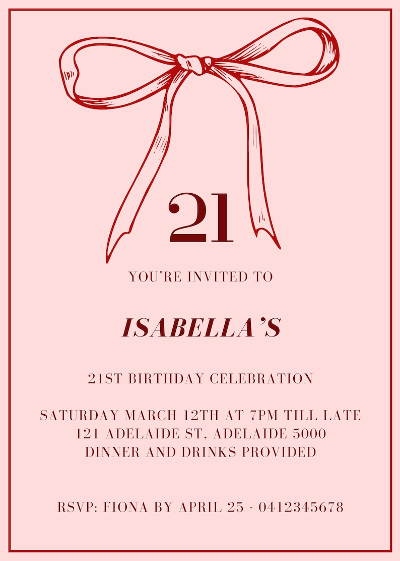 Pink Red Ribbon Bow Digital Birthday Invitation Template - Etsy