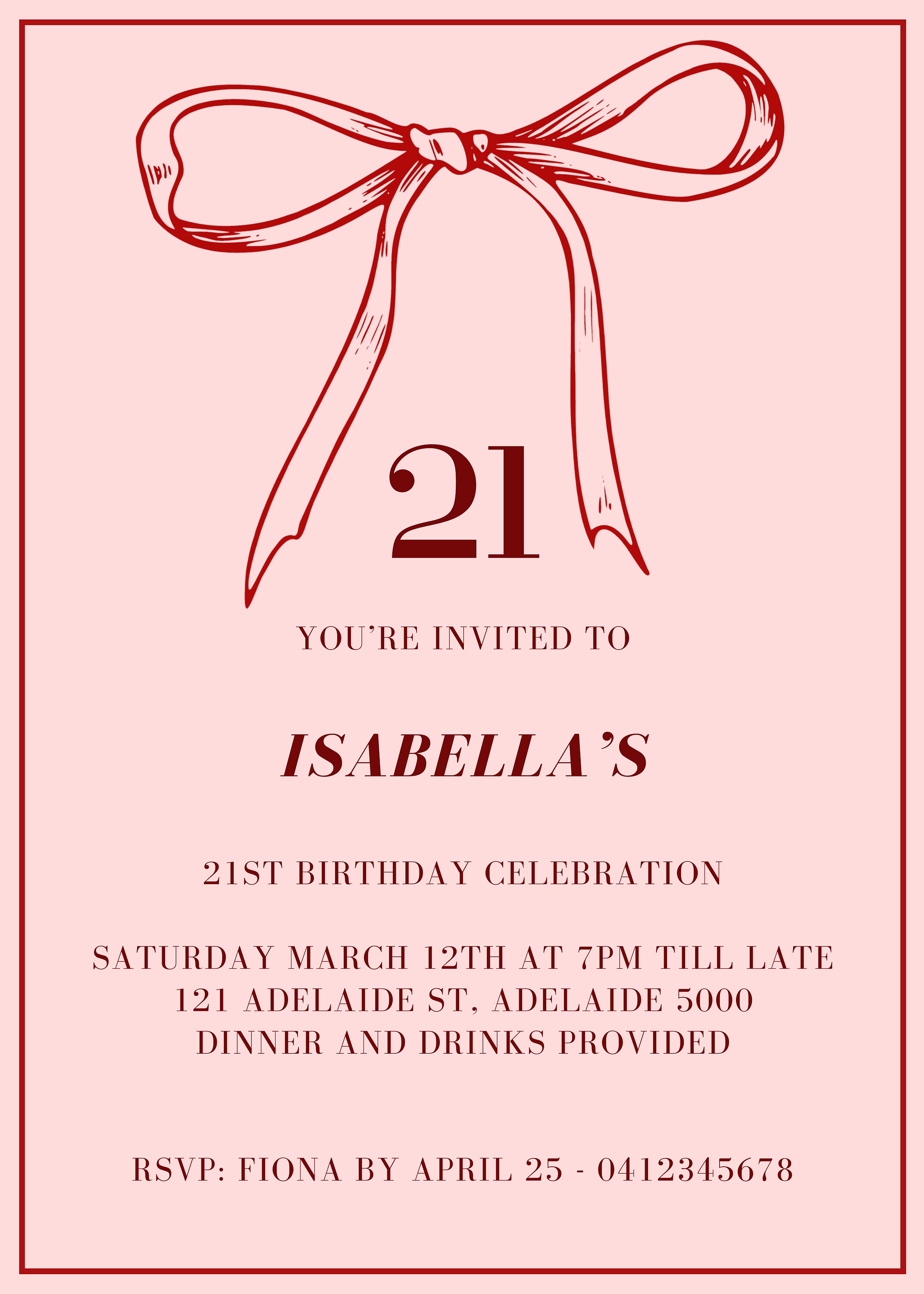 Pink Red Ribbon Bow Digital Birthday Invitation Template - Etsy